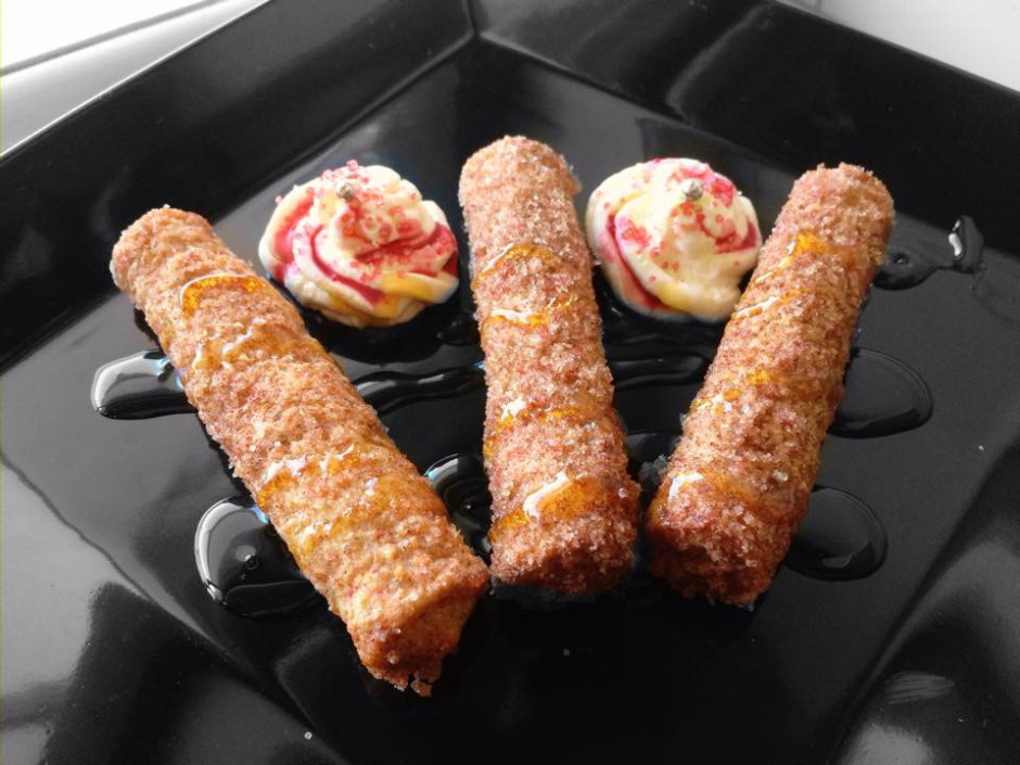 French Toast Sticks stuffed with sweetened cream cheese & served with ...
